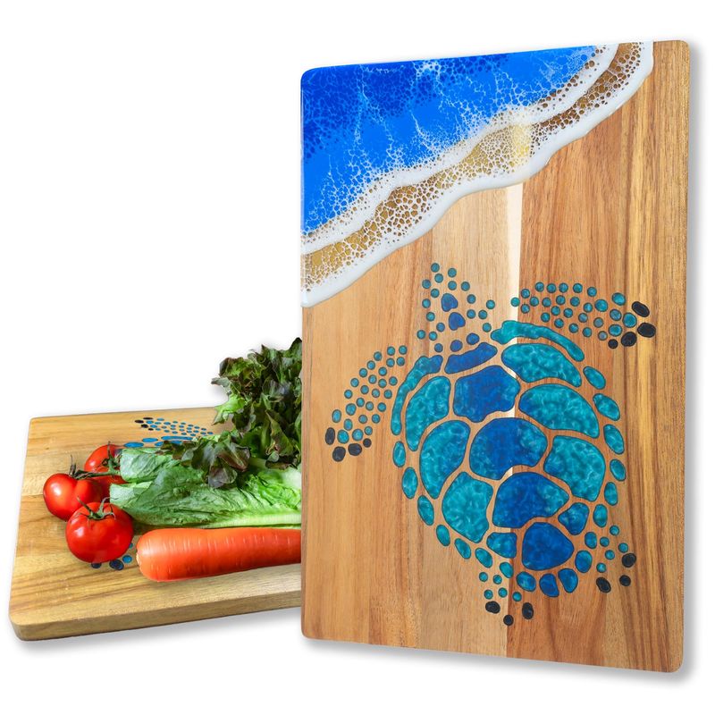 LILKUISYN Acacia Wood Cutting Board With Blue Resin Wave & Sea Turtle ...