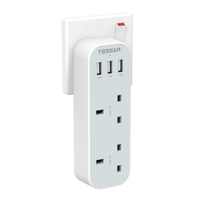 TESSAN Double Plug Adaptor with 3 USB, 2 Way Multi Plugs Extension ...