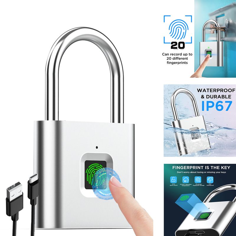 Biometric Fingerprint Padlock Rechargeable Keyless Lock Waterproof ...
