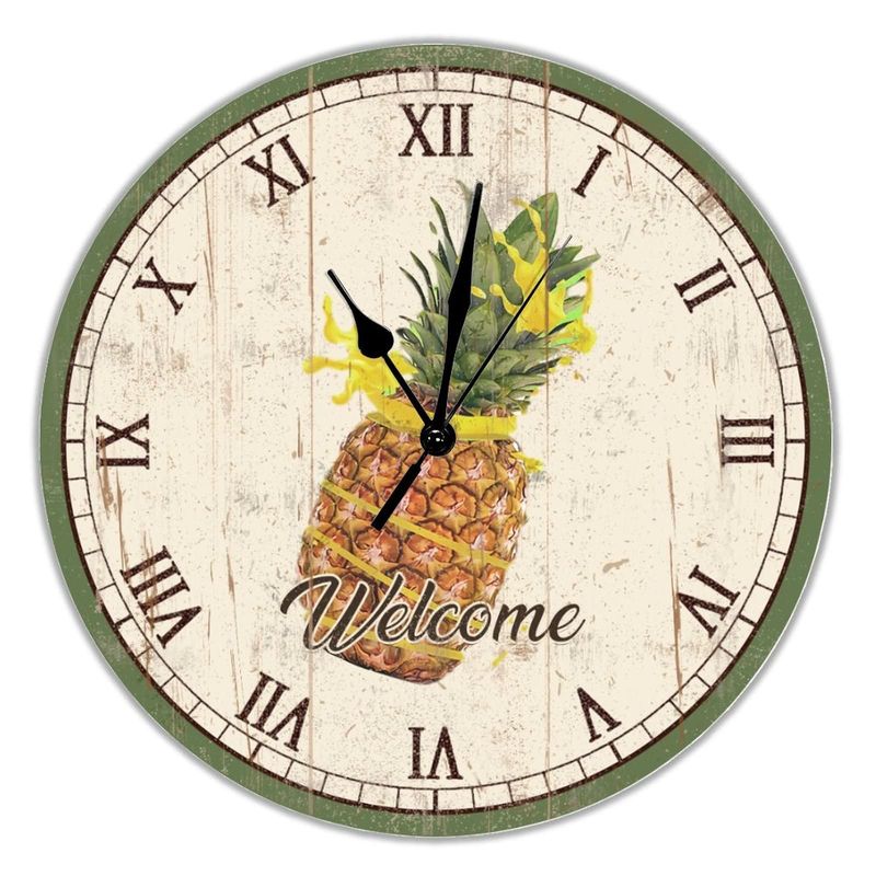 Pineapple Welcome Wood Wall Clocks Organic Fruit Hanging Wall Clock Non ...
