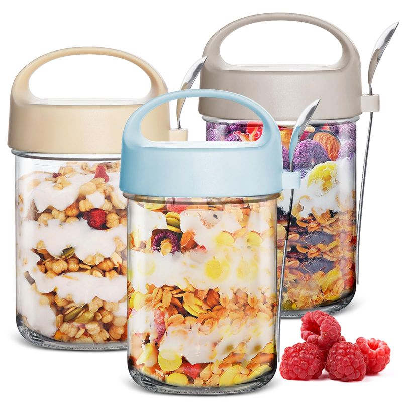Iceten Reusable Breakfast Jars with Lid & Spoon Set, 3 Pack 430ml ...