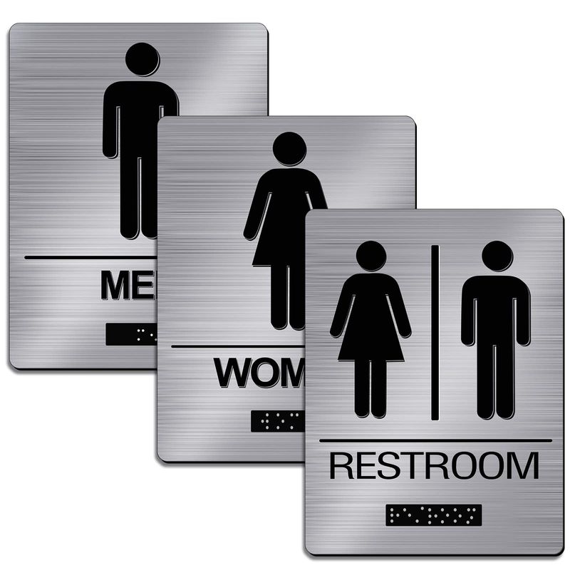 Therwen 3 Pcs Brushed Aluminum Restroom Signs Unisex Men Women Bathroom ...