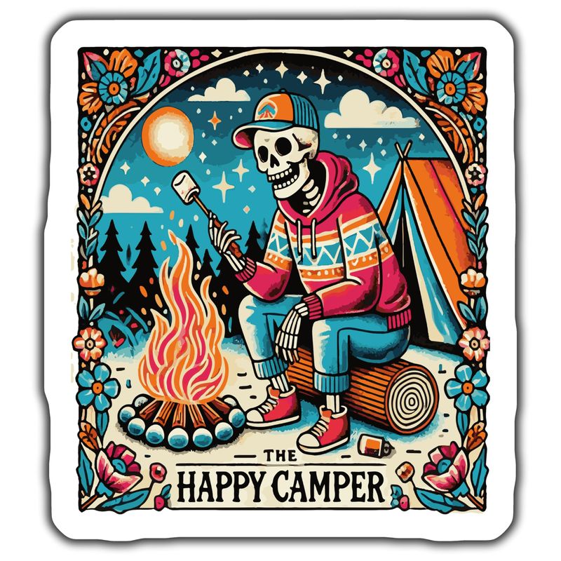 Skeleton Camping Sticker, Retro Skeleton Campfire Decal, Happy Camper ...