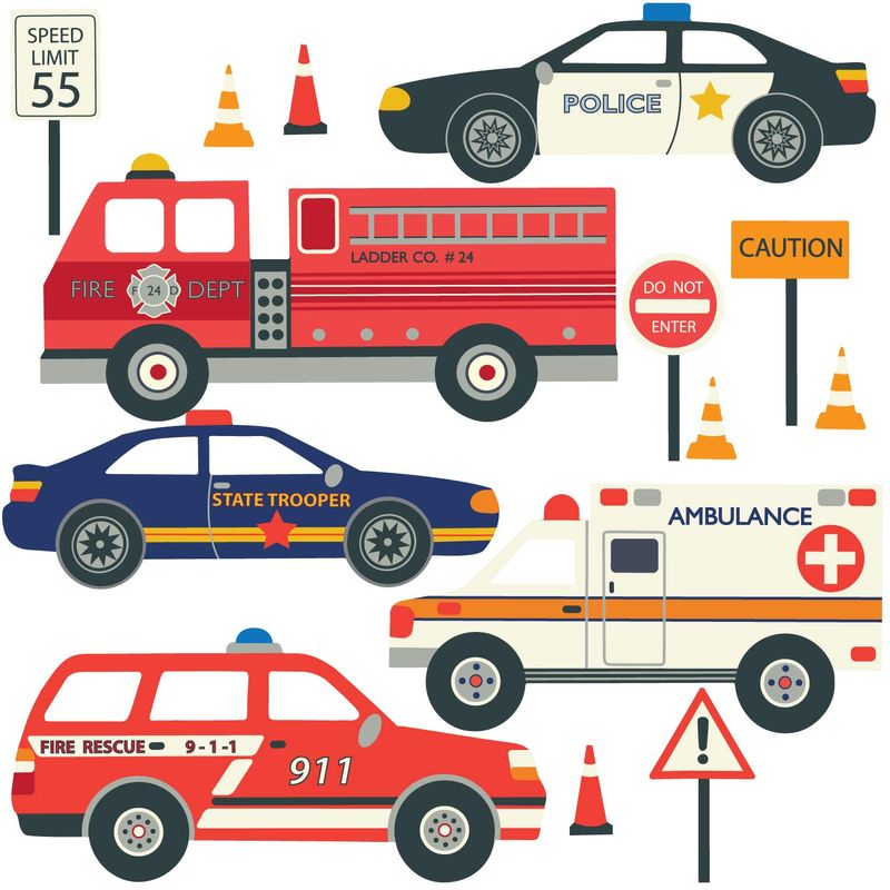 EMS Emergency Vehicles Wall Decals Fire Trucks, Ambulance, Police Cars ...