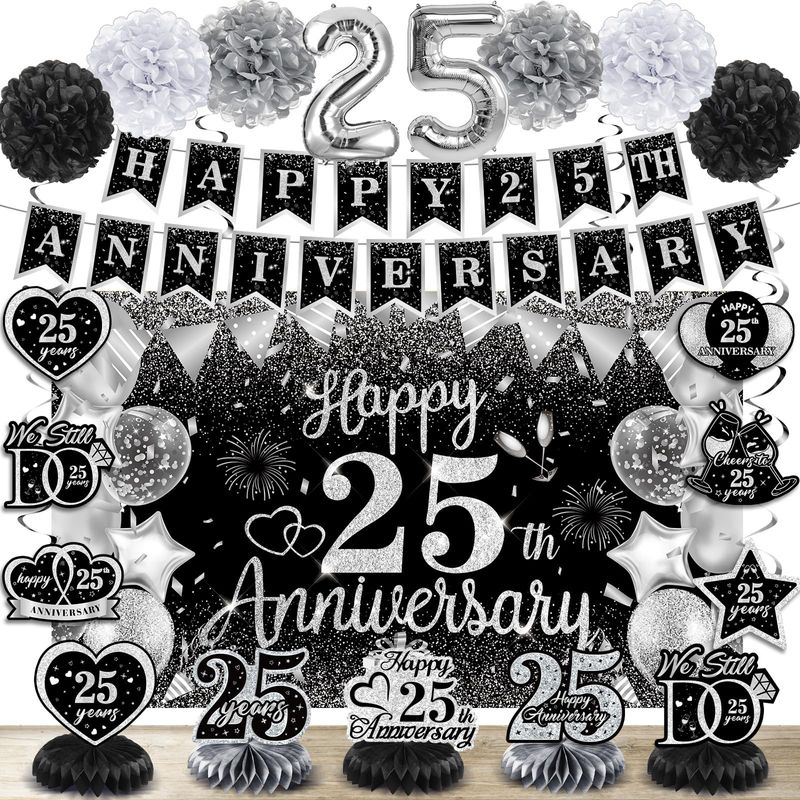 25th Wedding Anniversary Decorations Black Silver Happy 25th ...