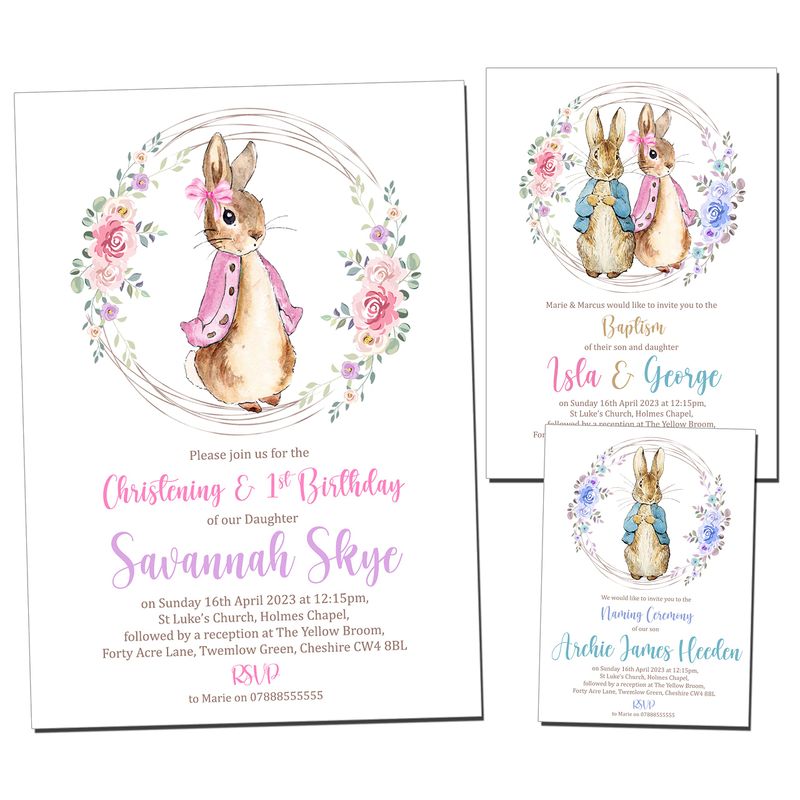 10 Personalised Christening Invitations Baptism Naming Rabbit Peter ...