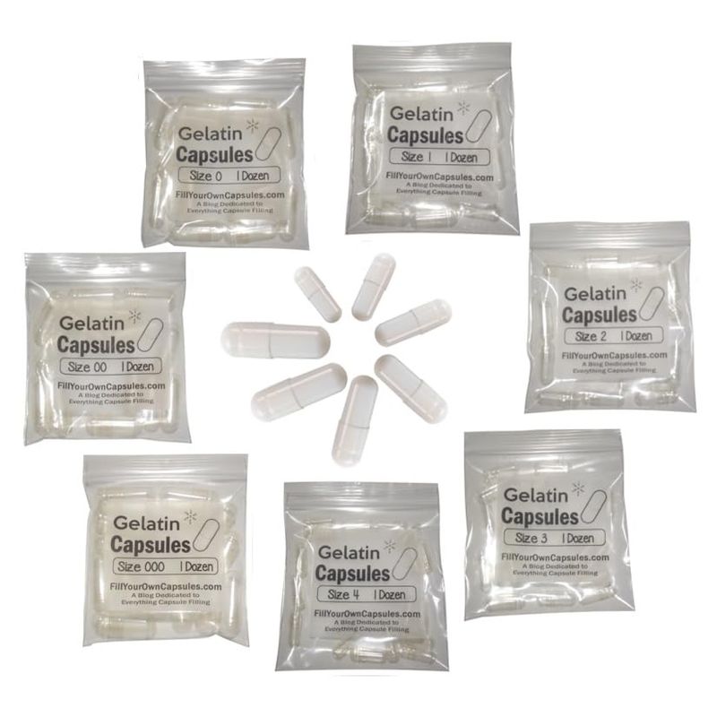 Assorted Sizes of Empty Gelatin Capsules, 1-Dozen of 7 Sizes, 000, 00 ...