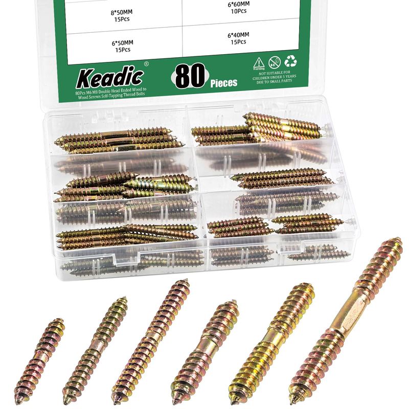 Keadic 80Pcs Double Headed Bolts, Zinc Plated Dowel Screws, M6 M8 ...