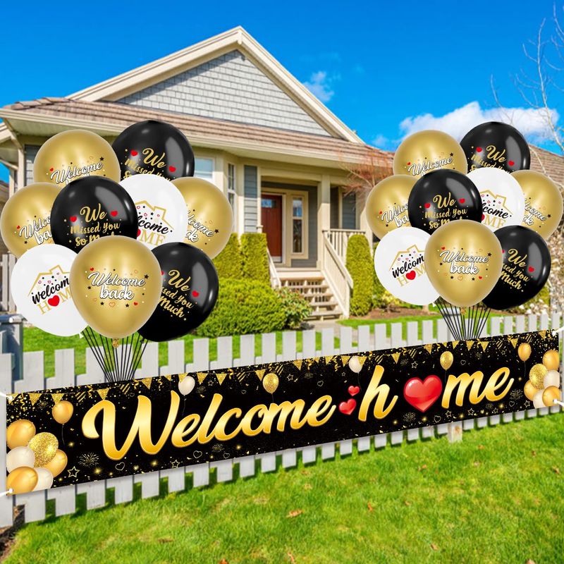 Welcome Home Banner Decoration with 18 Pcs Balloons, Black Gold Welcome ...
