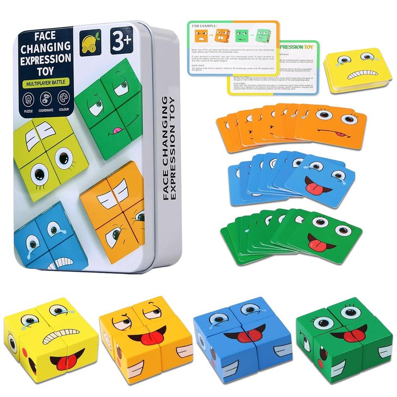 YeaHapiday Wooden Cube Puzzle, Faces Puzzle Building Cube Expression ...