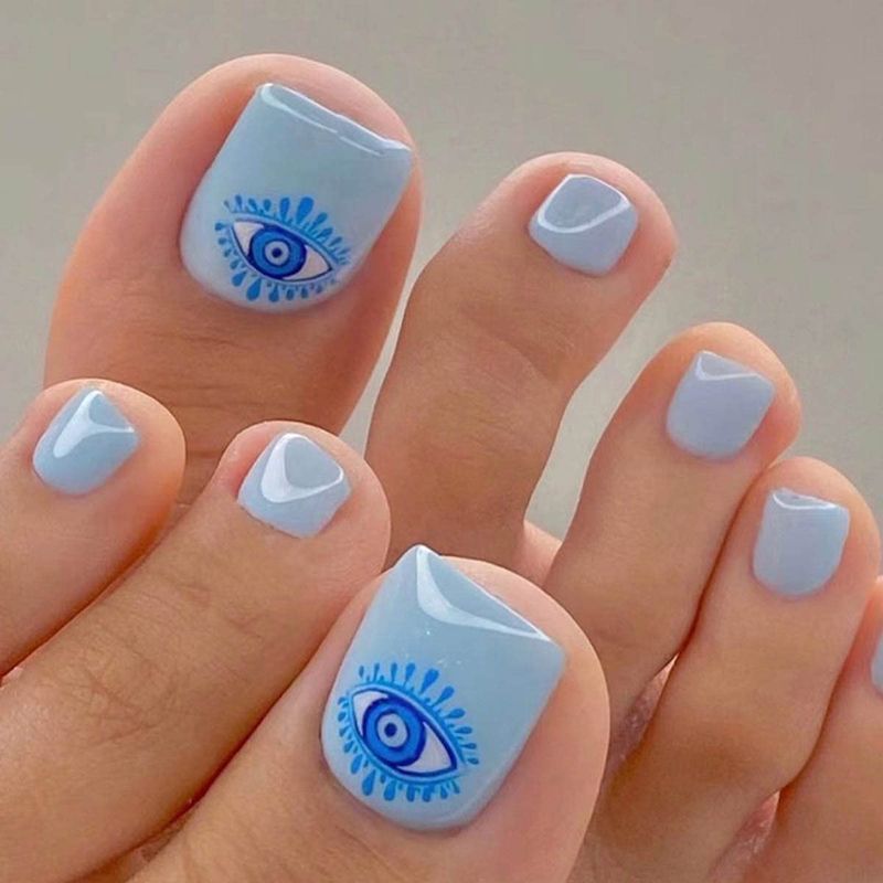 Bufenia 24PCS Blue Eye Fake Toenails Glossy Press on Toe Nails with ...