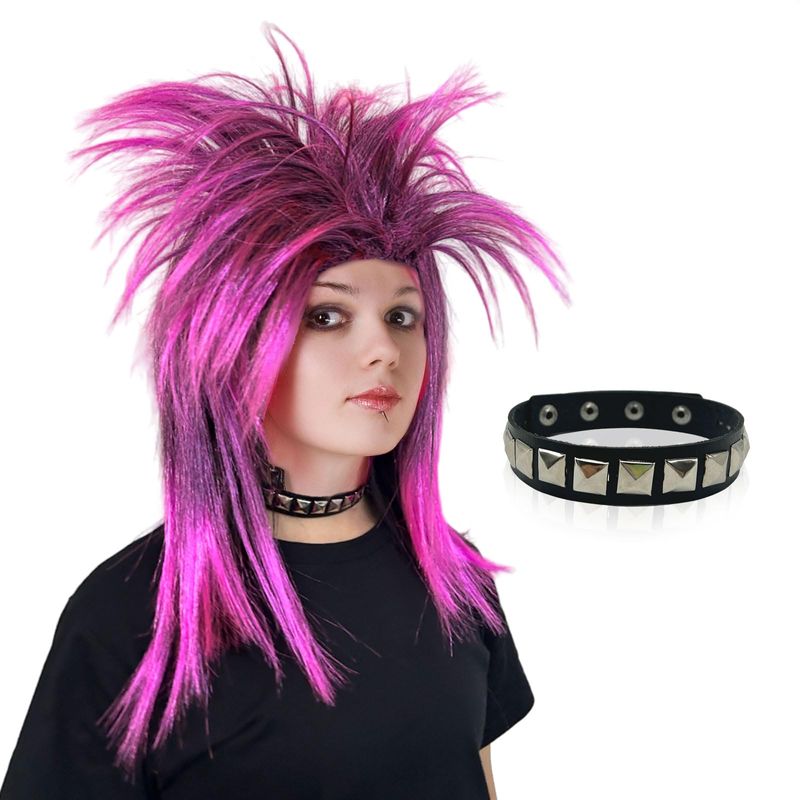 UILYNIU 80s Pink Rock Diva Wig With Choker Unisex, Long Mullet Wig ...