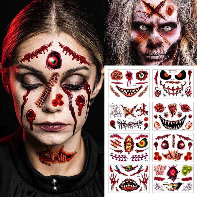 Coridy 8PCS Fake Scars Tattoo Temporary Halloween Makeup Kit for Adult ...