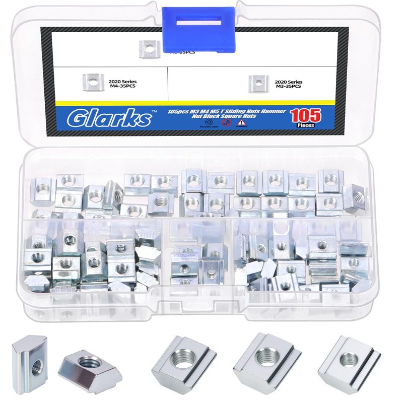 Glarks 105pcs M3/M4/M5 20 Series T-Slot Nut Kit, Carbon Steel T Slot ...