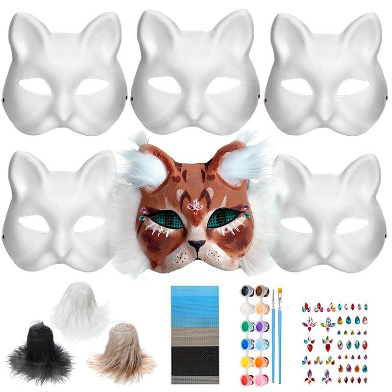 DLAIUSMALL 6PCS Cat Mask With Eye Mesh Fur Beard and Gem Stickers ...