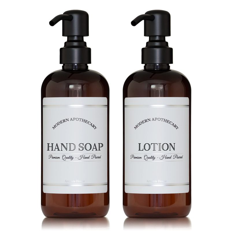 Amber Refillable Hand Soap and Lotion Dispenser Set for Bathroom Sink ...