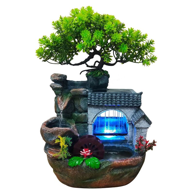 11" Desktop Fountain Rock Waterfall Humidifier with Artificial Tree ...