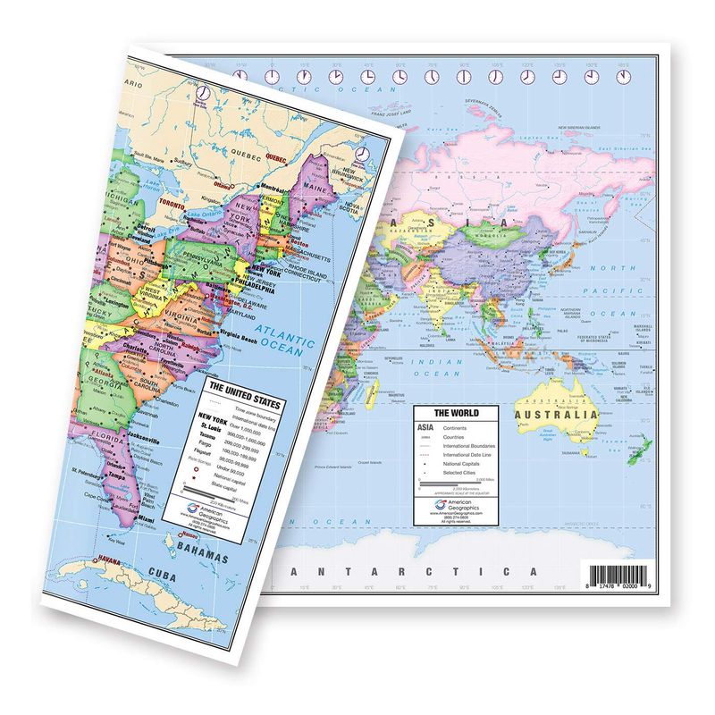 US and World Desk Map (13" x 18" Laminated) for Students, Home or ...
