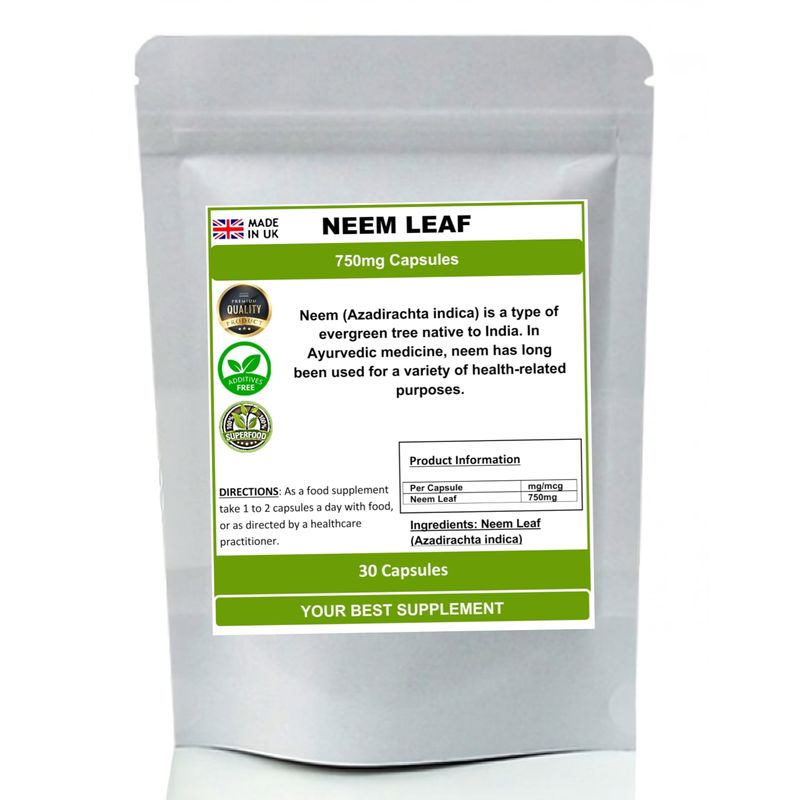 Neem Leaf Capsules 750mg 100% Pure no additives (High Strength) (30 ...