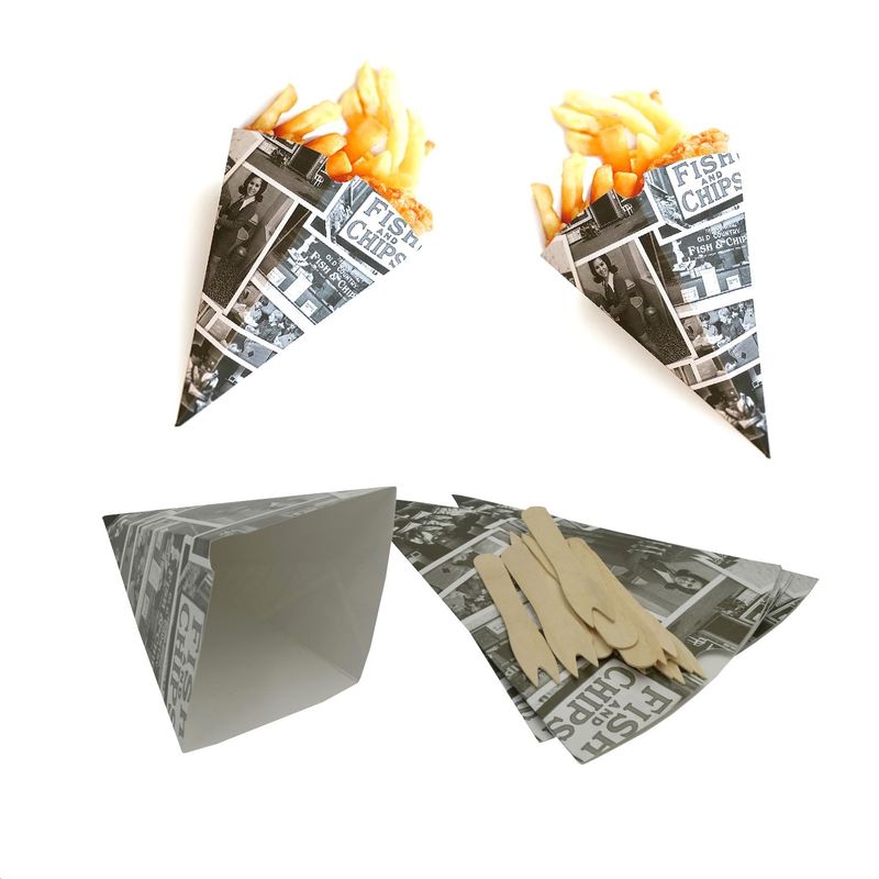 Sunrise Packaging 50 x Newsprint Design Paper Cones for Chips with 50 x ...