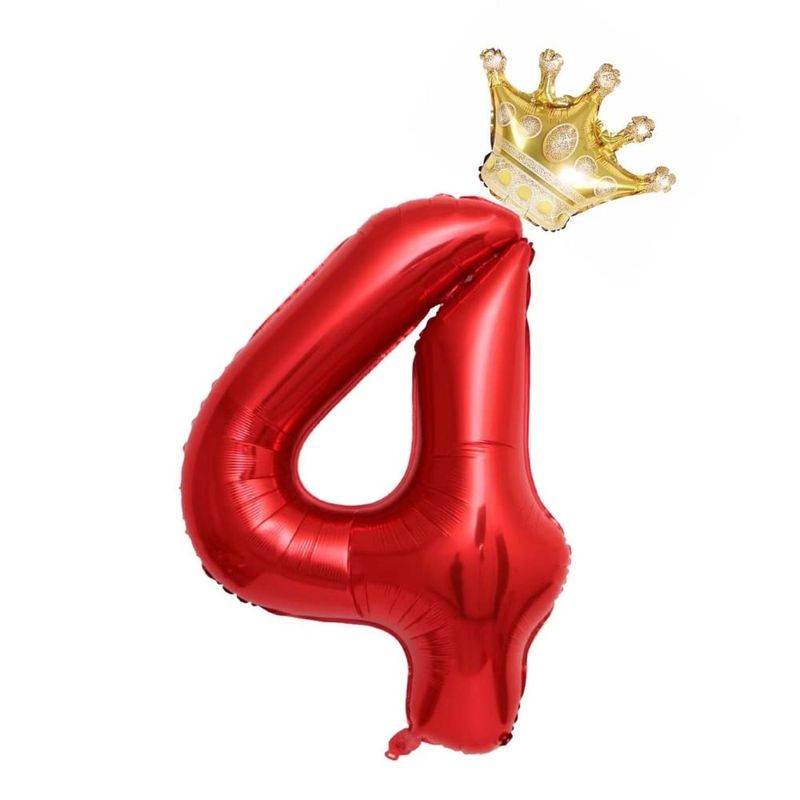 40-Inch Red Number 4 Crown Balloons Set, 4th Birthday Balloons for ...