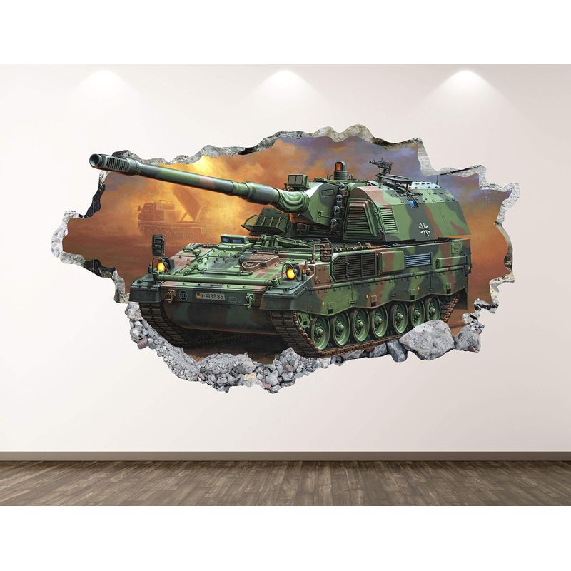 Military Tank Wall Decal Art Decor 3D Smashed Army Sticker Poster Kids ...