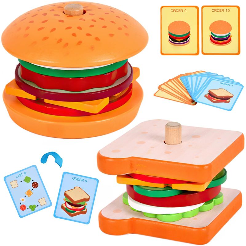 Wooden Burger Sandwich Stacking Toys for Kids, Play Food Toy for ...