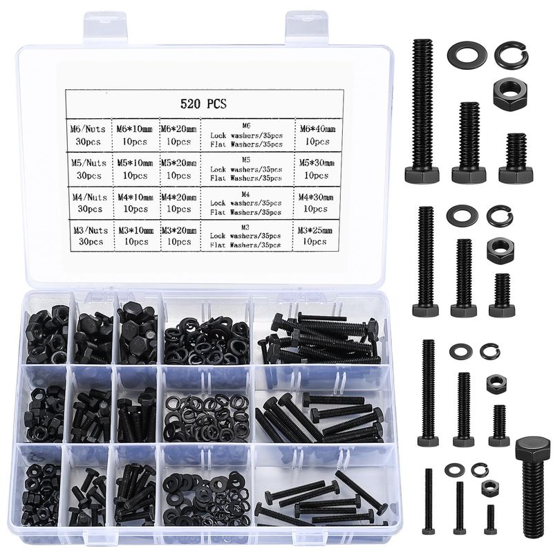 520 Pcs M3 M4 M5 M6 Hex Bolts and Nuts Set, Black Nuts and Bolts Set ...