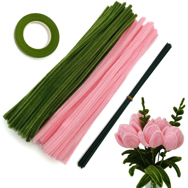 Cldamecy 200 pcs Pink OliveGreen Pipe Cleaners Set with Floral Wires ...