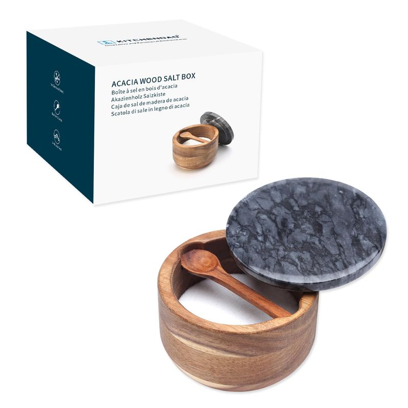KITCHENDAO Large Acacia Salt Cellar Box Bowl with Built-in Spoon and ...