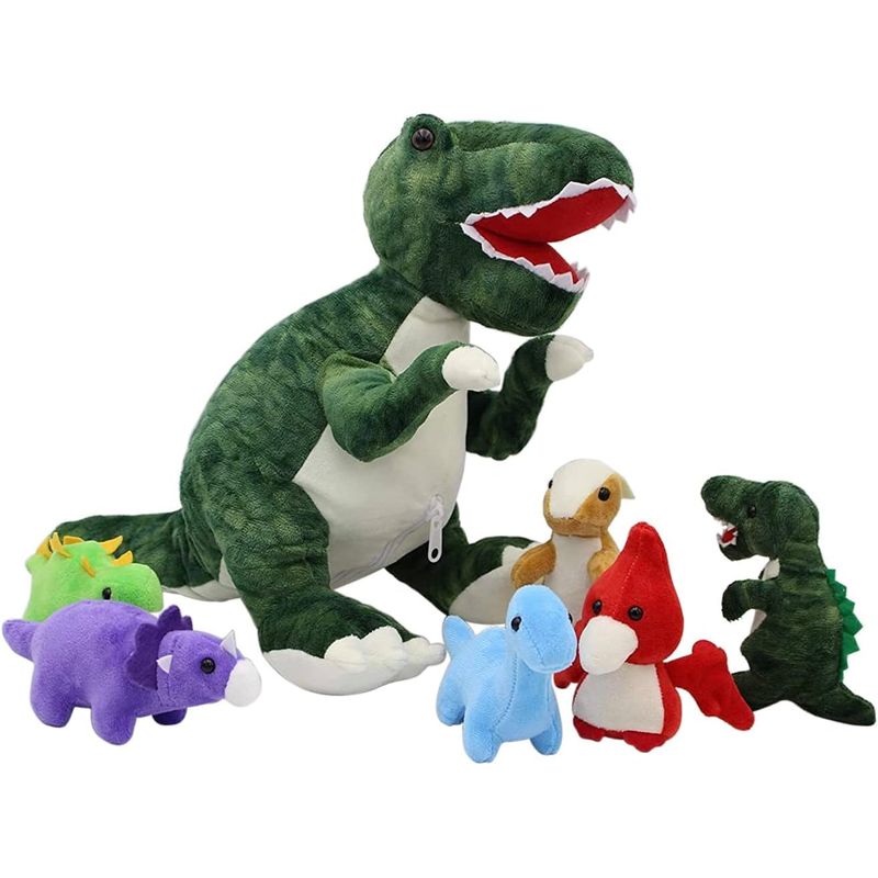 JDS Toy Store Handcrafted Plush Big Green T-Rex Stuffed Dinosaur with 6 Baby Dinosaurs Inside ...