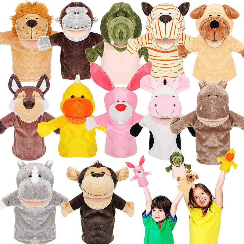 Wettarn 12 Pieces Puppets for Kids Plush Animal Hand Puppet with Open ...