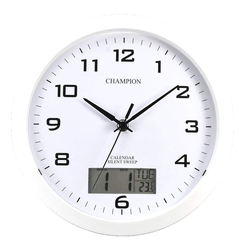 Champion 25cm Quartz wall clock with inset LCD display with day/date ...