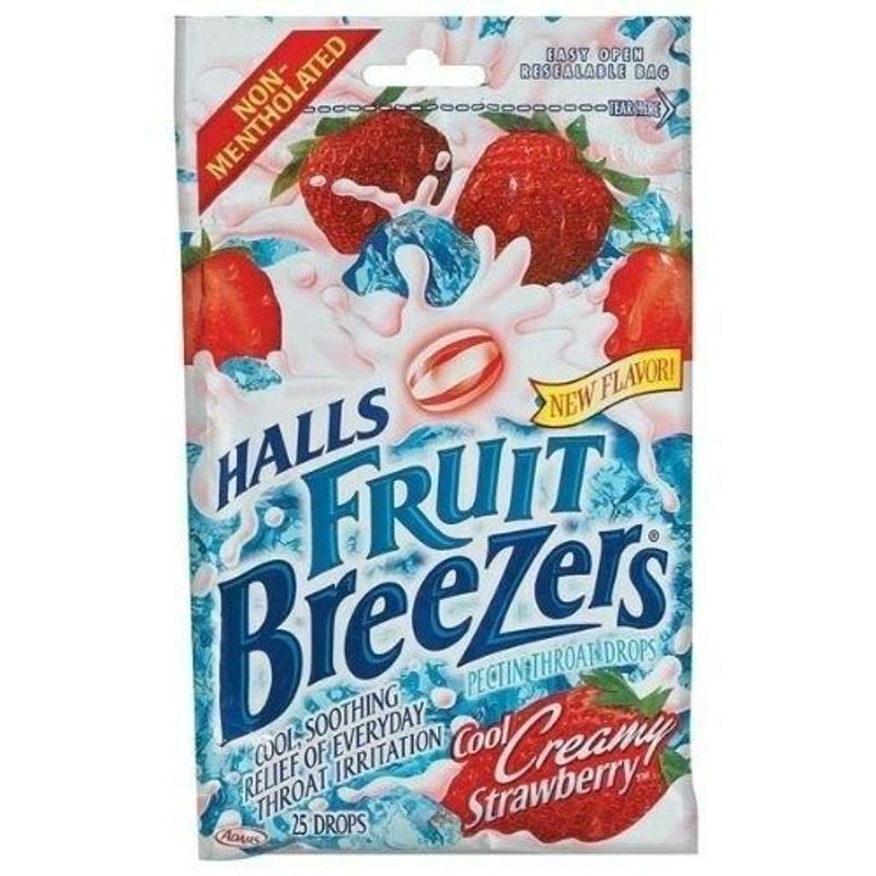 Halls Breezers Sore Throat Drops Soothing Relief Creamy Strawberry ...