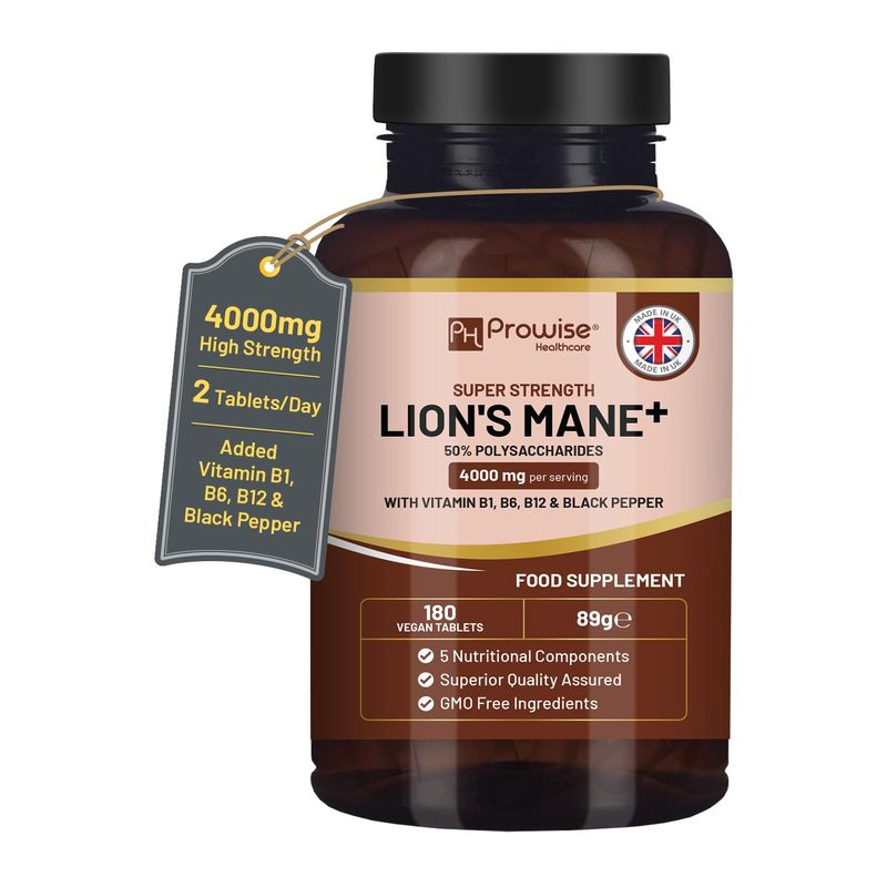 Lions Mane Mushroom Supplement 4000mg with Vitamin B1, B6, B12 & Black ...