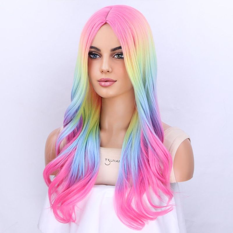 MAGQOO Rainbow Wig for Women Colorful Multicolor Wig Long Curly Wavy ...