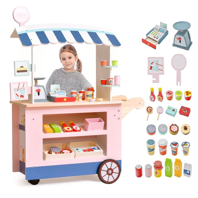 INFANS Wooden Grocery Store Marketplace Toy, Market Stand Shop Pretend ...