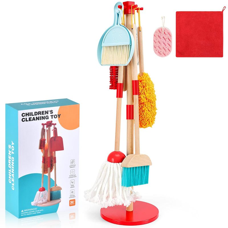 WHOHOLL Kid Cleaning Set, Wooden Toddler Broom Set for Housekeeping, 9 ...