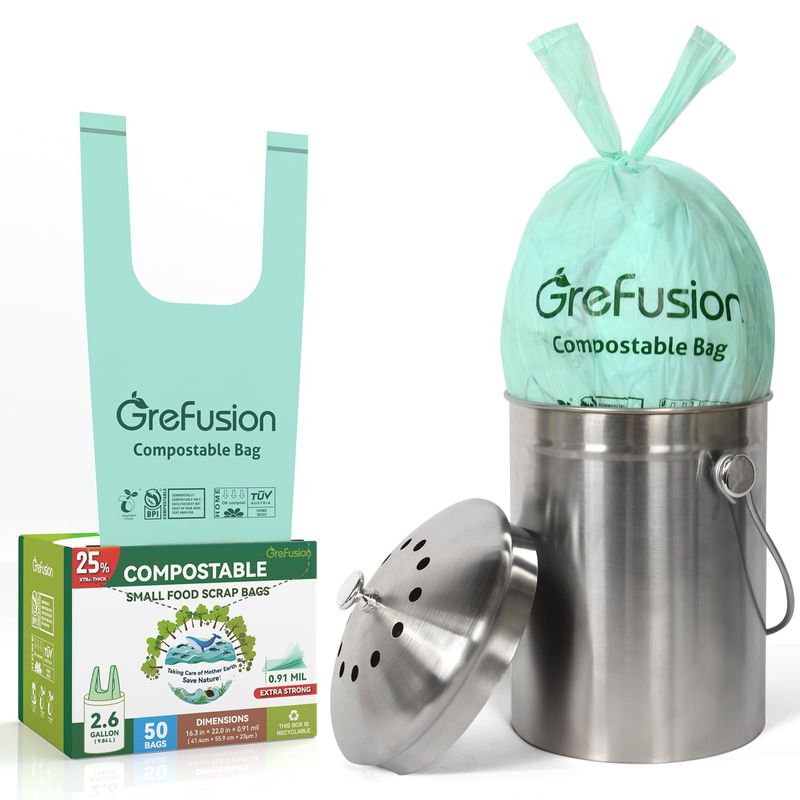 GreFusion Compostable Trash Bags with handle-tie,Garbage Bags, 2.6 ...