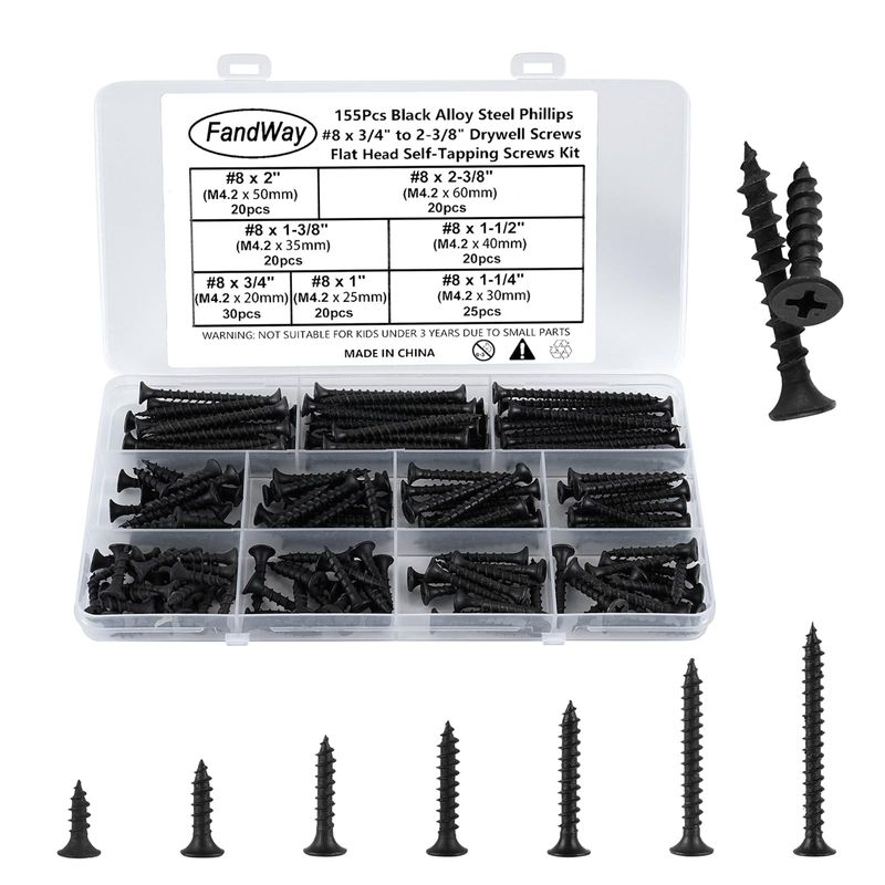 FandWay 155Pcs M4.2 (#8) Drywall Screws,Black Wood Screws,Phillips Flat ...