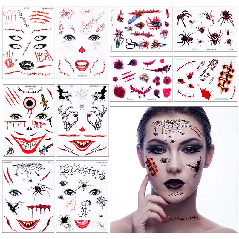 10 Sheet Halloween Temporary Tattoos, Halloween Fake Scars and Wounds ...
