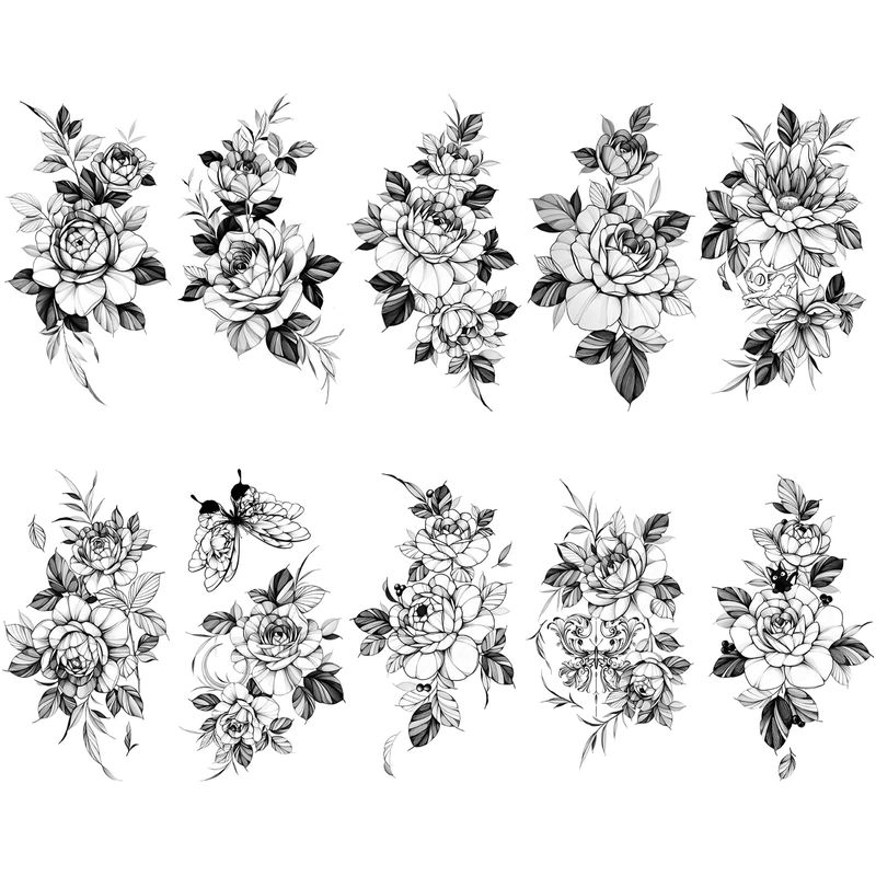 Temporary Flower Tattoo Set, Hand Drawn Designs, 10 Count, For Arms, Legs & More,temporary ...