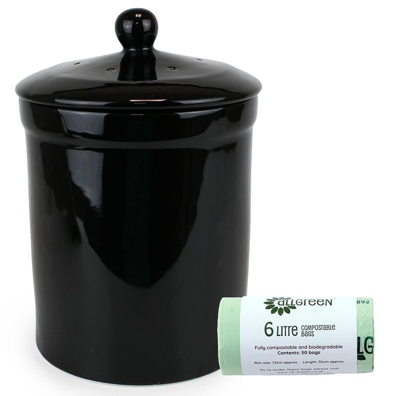 Black Ceramic Compost Caddy & 50x 6L Compostable Bags - Portland ...