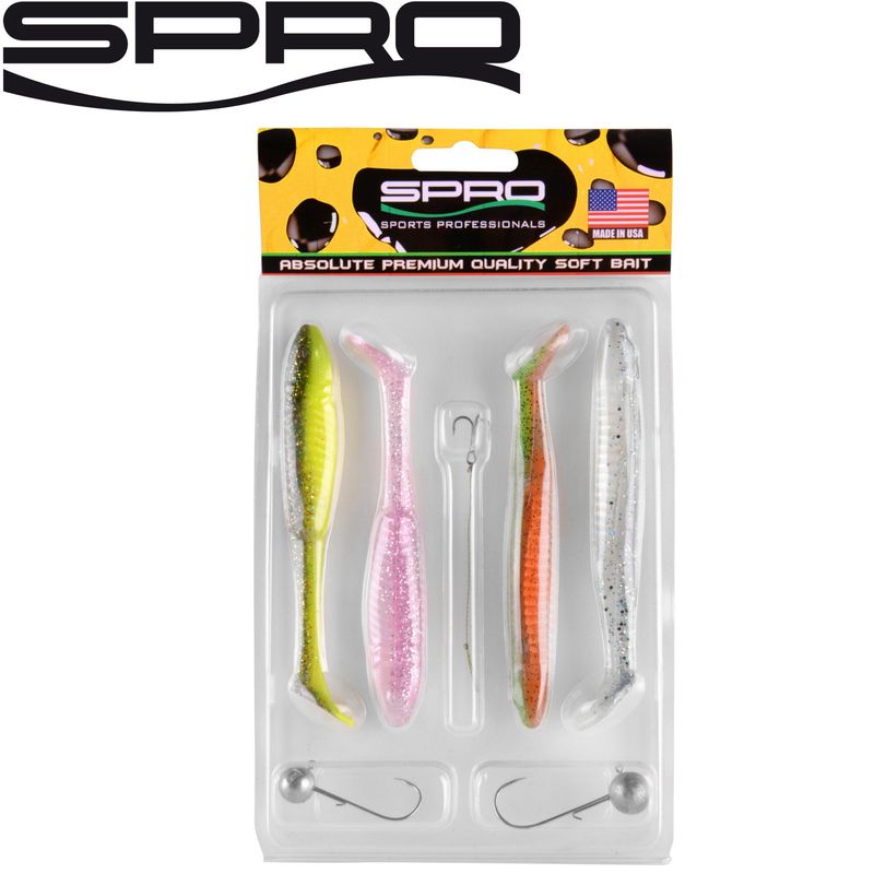 Spro Bait Set 11 cm - 4 Rubber Fish + 2 Jig Hooks 4/0 + 1 Stinger Size 6 for Spin Fishing for ...