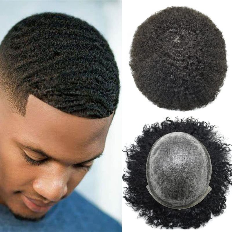 Afro Curl Toupee for Black Men 10X8 African Hairpieces for Man PU ...
