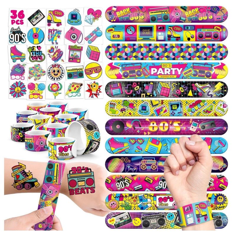 BOIKOKY 60 PCS 80s 90s Party Favors Set - 36 Temporary Tattoos & 24 Slap Bracelets for Kids ...