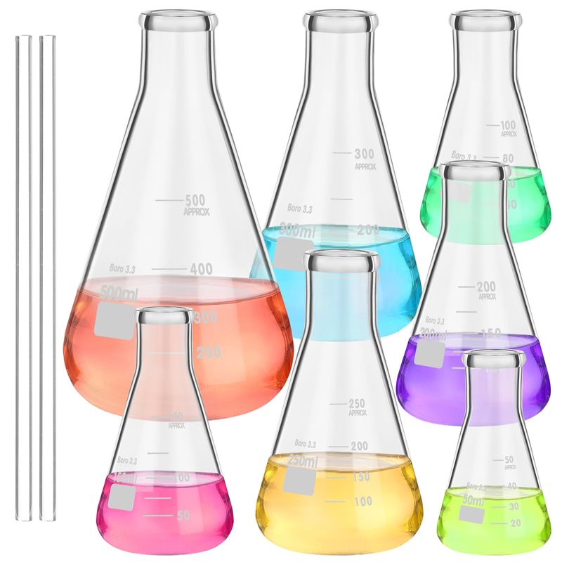 9 Pack Glass Erlenmeyer Flask Set with Glass Stirring Rod, 7 Sizes ...