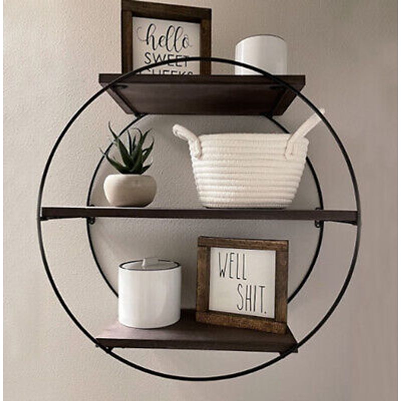 Large 20" Vintage Wood Wall Rack Round Storage Shelf Industrial Style ...