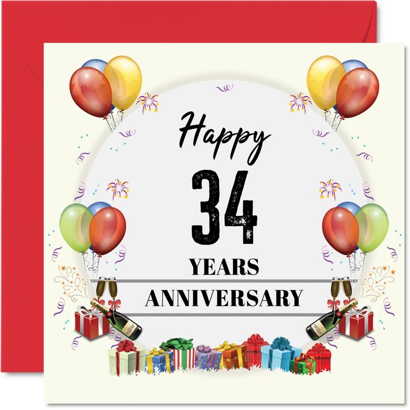 34th Anniversary Card for Husband Wife - Party Balloons - Happy 34th Wedding Anniversary Card ...
