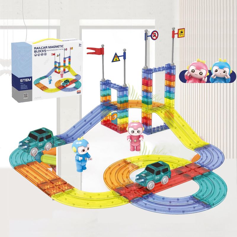 BELLA GLOBE Magnetic Tiles Race Car Track Set STEM Engineering Slot Cars on Flexible Car Tracks ...